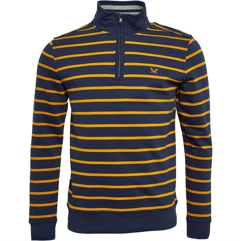 Buy Crew Clothing Mens 1/4 Zip Stripe Sweatshirt Navy/Sunflower