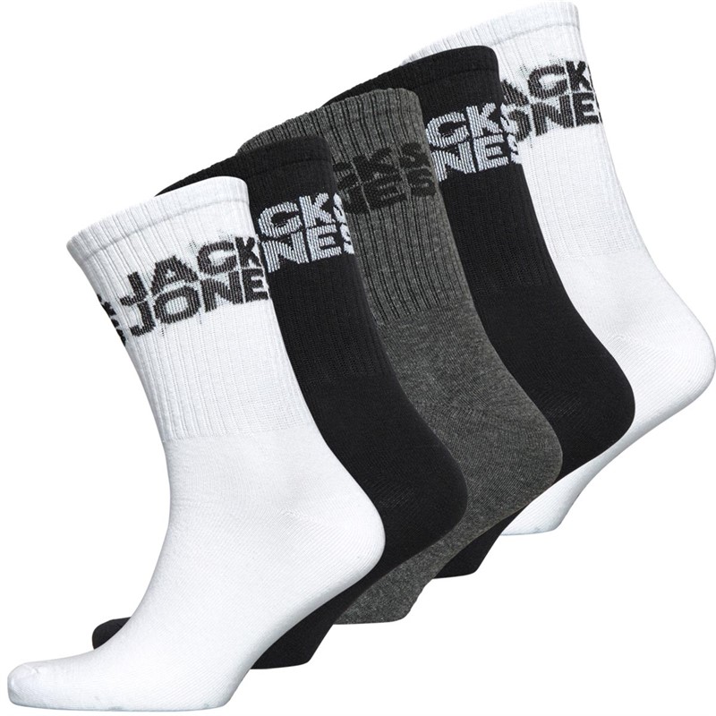 Buy JACK AND JONES Mens Logo Basic Five Pack Crew Socks White/White/Dark Grey Melange/Black/Black