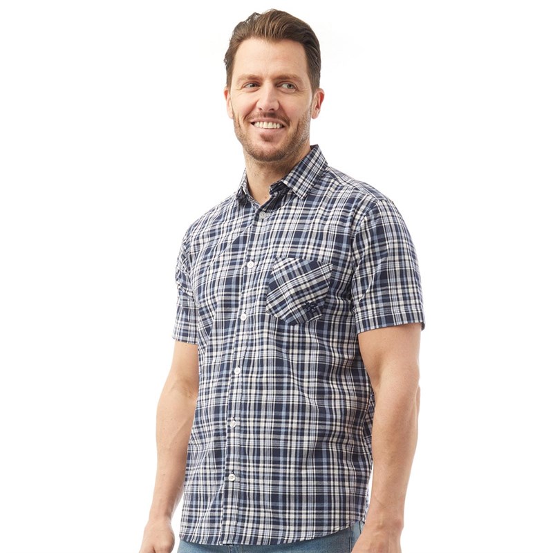 Buy Kangaroo Poo Mens Short Sleeve Yarn Dyed Checked Shirt Navy