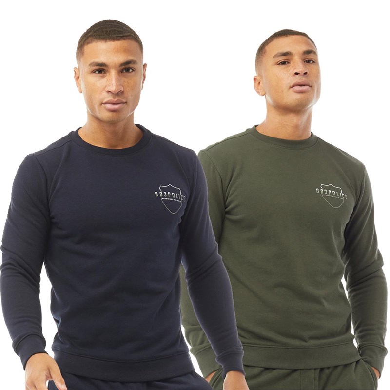 Buy 883 Police Mens Hayes Two Pack Crew Sweatshirts Navy/Khaki